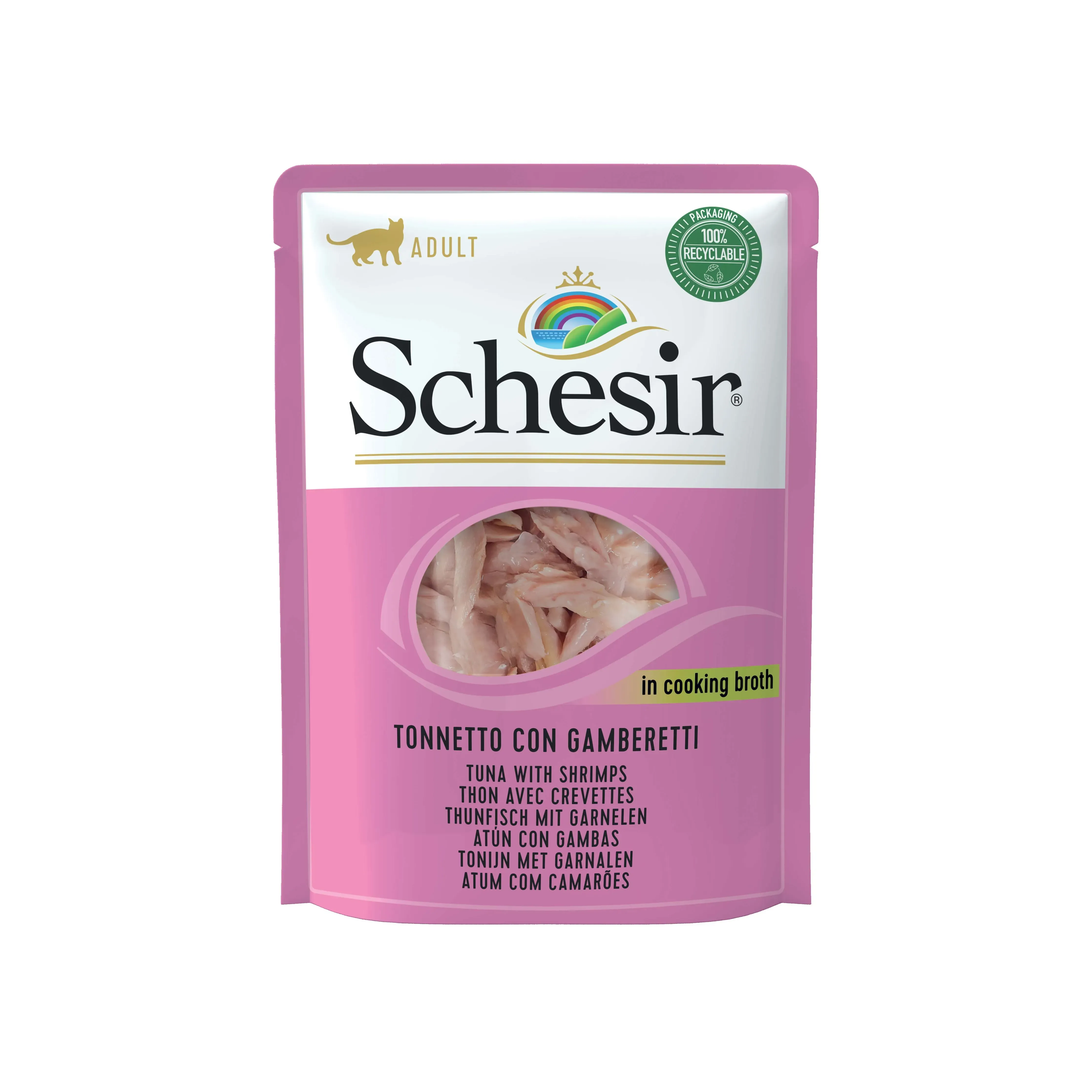 Cibo umido per gatto Schesir Tonnetto e gamberetti in brodo busta 70 g | OBI