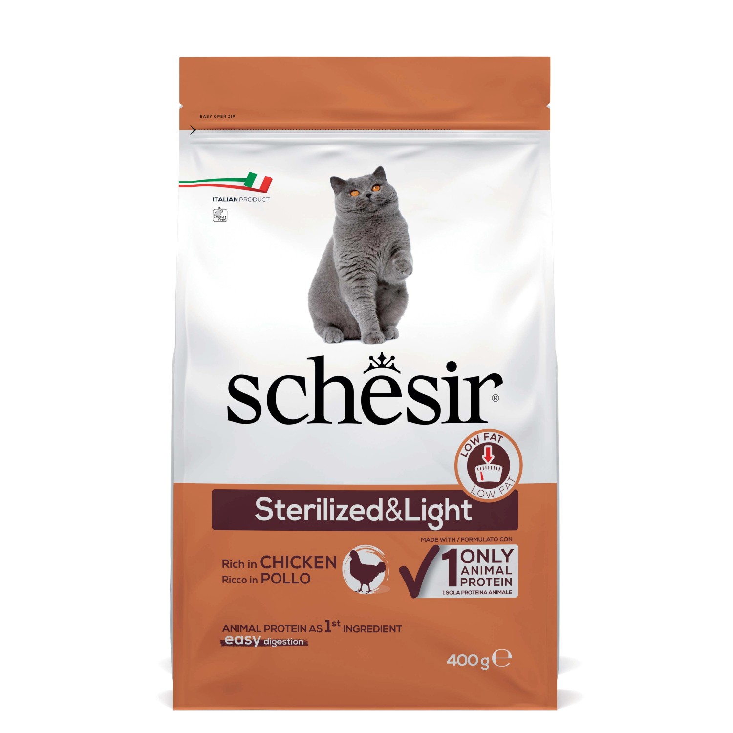 Croccantini per gatto Schesir Sterilized & Light ricco in pollo 400 g | OBI
